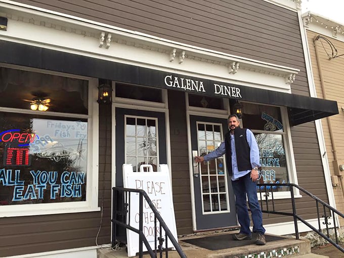 The diner's gray-shingled exterior with Friday Fish Fry advertised—a Midwestern tradition that brings the community together weekly.