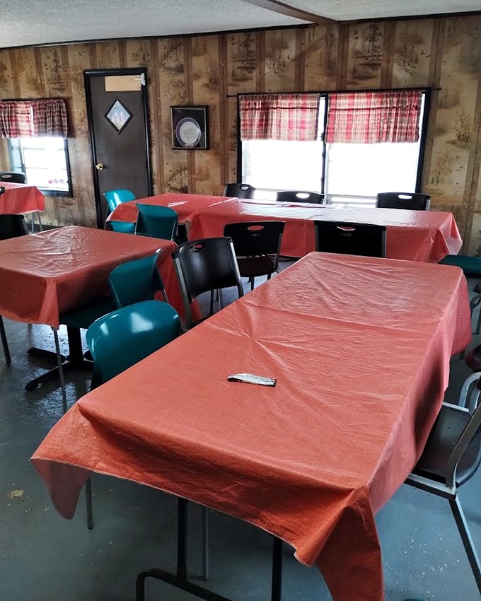 Coral tablecloths and teal chairs—a design choice that says, "We're focusing on what's on the plate, not under it."