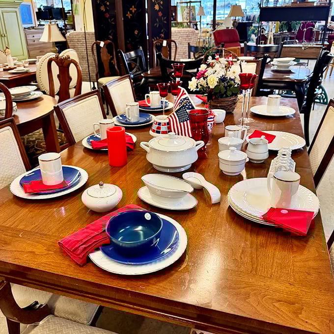 A patriotic table setting that screams "summer barbecue" – these dishes have hosted countless Fourth of July celebrations and are ready for yours.