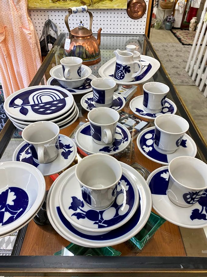 Blue and white porcelain that's survived longer than most marriages—each piece silently judging your paper plate lifestyle.