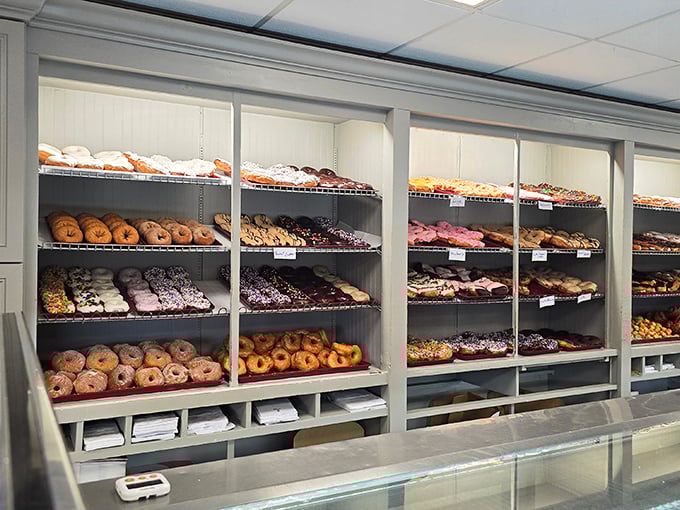 The donut wall—where breakfast meets art installation. This display could make even the most dedicated health enthusiast whisper, "Just one won't hurt."