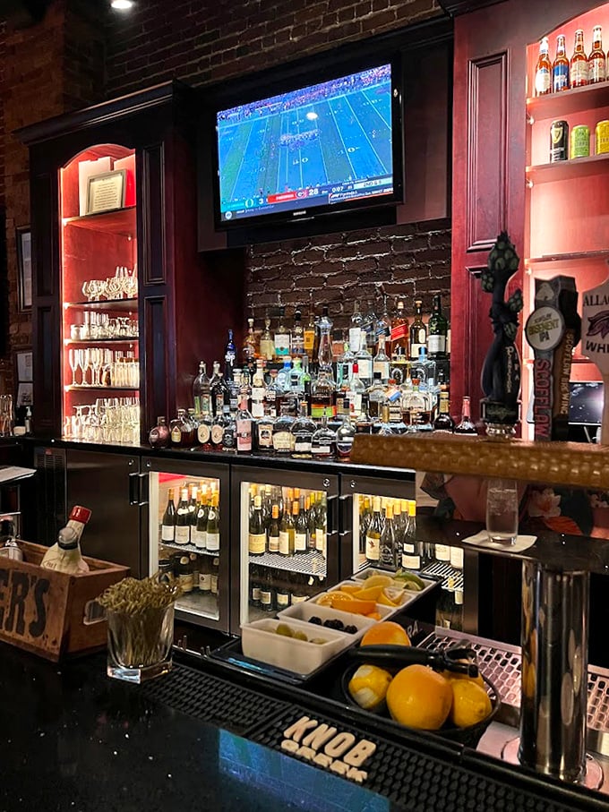 A bar stocked like an adult playground—where sports on TV and serious spirits coexist in perfect harmony.