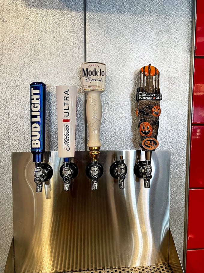 The beer taps stand ready for thirsty patrons, including local Circleville Pumpkin Ale—because good Mexican food deserves equally thoughtful beverage pairings.
