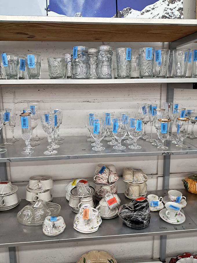 Crystal catches light while teacups wait for new conversations—each glass holding the ghost of toasts from celebrations past.