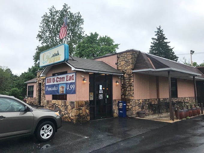 The sign promises "All U Can Eat Pancakes"—four words that have launched a thousand food challenges and loosened a million belts.