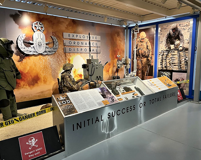 "Initial Success or Total Failure"—the EOD exhibit's motto perfectly captures the high-stakes world of bomb disposal technicians. No pressure, right?