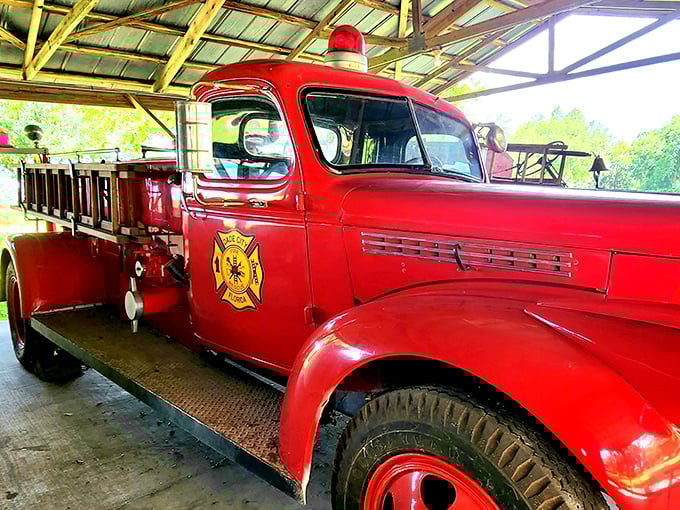This vintage fire truck reminds us that emergency response once depended on strong horses and stronger volunteers, not GPS and computer systems.