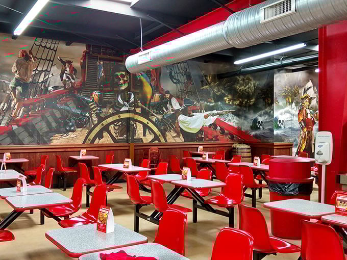 The pirate-themed food court—where hungry treasure hunters refuel with comfort classics beneath a mural that would make Captain Jack Sparrow feel at home.