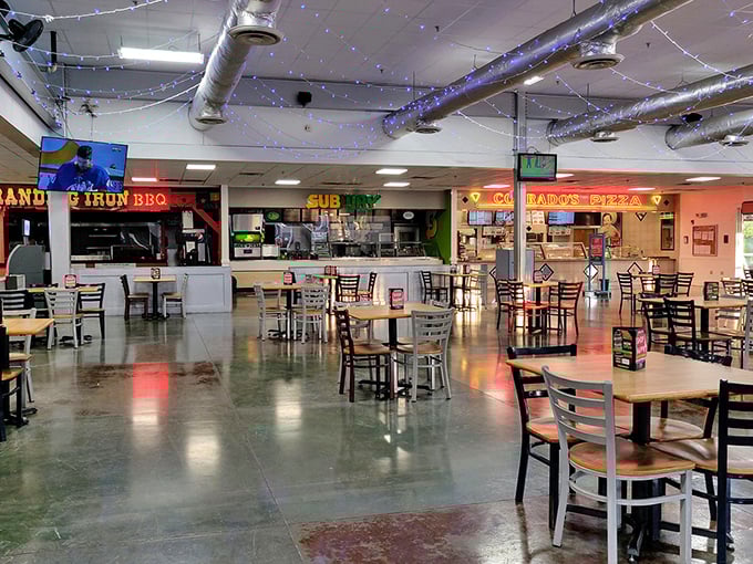 The food court: where shopping stamina gets restored. Refuel between bargain hunts with options ranging from BBQ to subs in this spacious dining area.