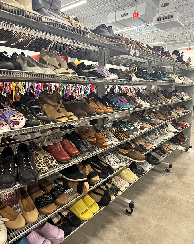 Shoe paradise stretching to the horizon—from barely-worn loafers to those boots someone bought for that one snowy vacation.