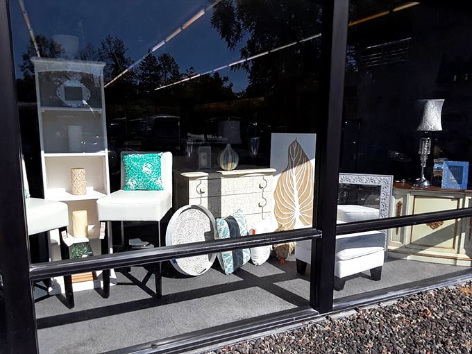 The furniture display window showcases pieces with potential—where mid-century meets modern meets "I could totally refinish that!"