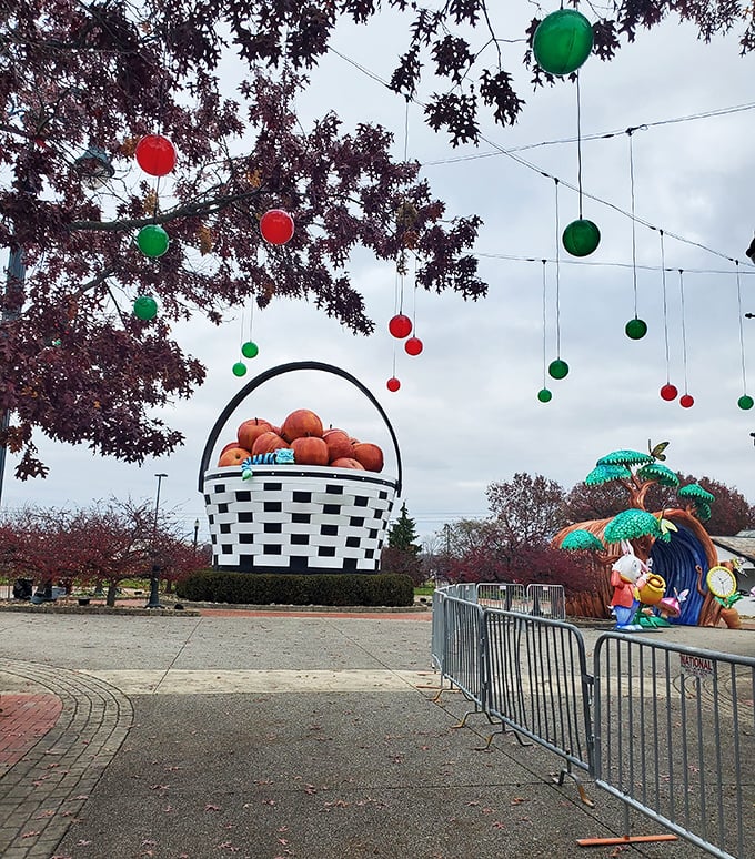 During holiday seasons, the basket area transforms with festive decorations, proving that even massive fruit containers can get into the spirit.