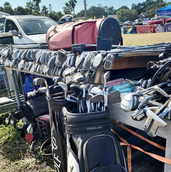 Golf clubs standing at attention like soldiers, ready to improve someone's Sunday game—or at least try.