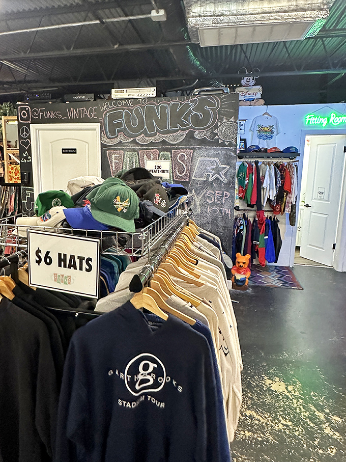 The chalkboard welcome sign and hat collection prove that good style never really goes out of fashion.