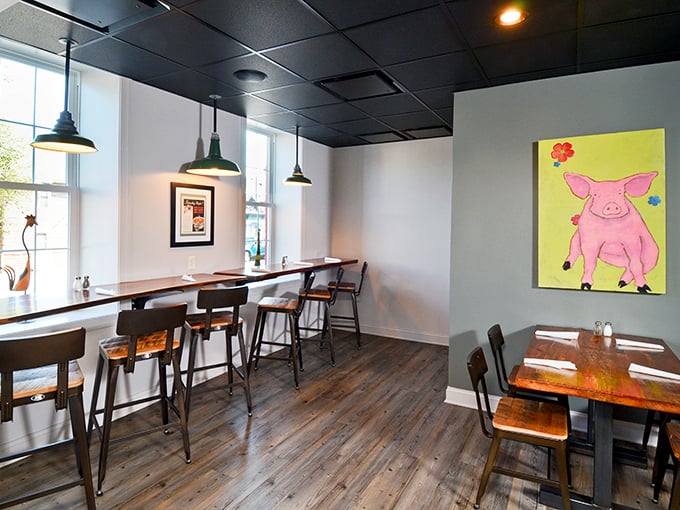 High-top seating by the window offers the perfect perch for people-watching while contemplating your next barbecue conquest.