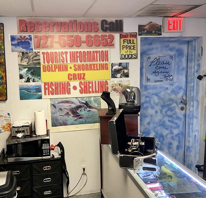 The tourist information wall creates a delightful "what exactly am I looking at?" moment – part thrift store, part vacation planning center.