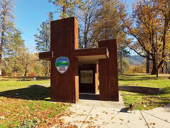 The gateway to adventure wears wood paneling. This rustic information kiosk stands ready to answer the eternal question: "So, what should we do today?"