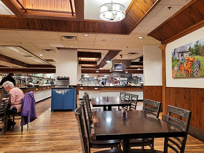 Warm wood tones and comfortable seating invite you to settle in for the long haul—because buffet dining is never a sprint, it's a marathon.