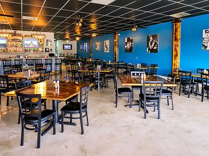 Daytime reveals the restaurant's blue walls adorned with what appear to be music legends—a visual soundtrack to accompany your culinary journey.
