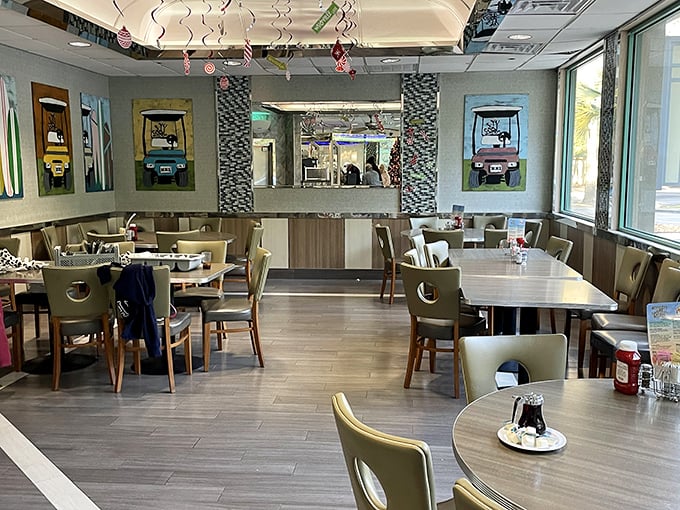Modern diner aesthetics with classic comfort—where every table feels like the best seat in the house for the serious business of eating.