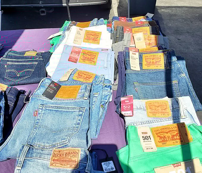 Denim dreams stacked high and wide! These Levi's jeans—from classic 501s to colorful modern cuts—represent the quintessential California casual uniform for all generations.