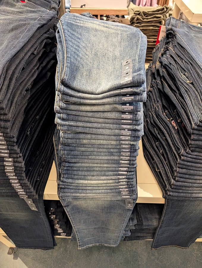 Denim stacked to the ceiling—a testament to America's love affair with jeans and the eternal quest for that perfect-fitting pair.