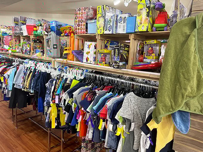 Kids' clothes and toys arranged with thoughtful organization—because children outgrow things faster than you can say "I just bought that."