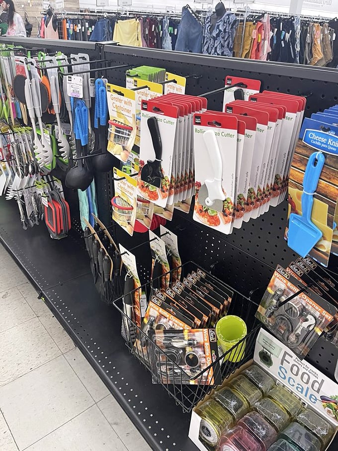 Kitchen gadgets solve problems you didn't know existed until you saw the solution in your hand – all displayed on practical pegboard walls.