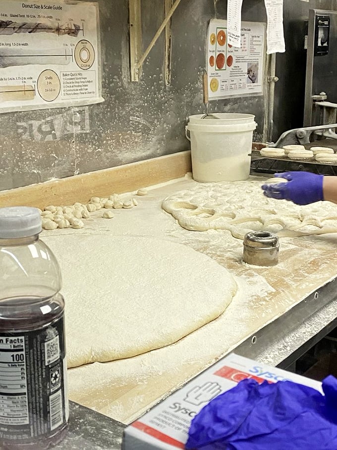 The kitchen's work surface dusted with flour – each donut begins its journey here before becoming someone's moment of bliss.