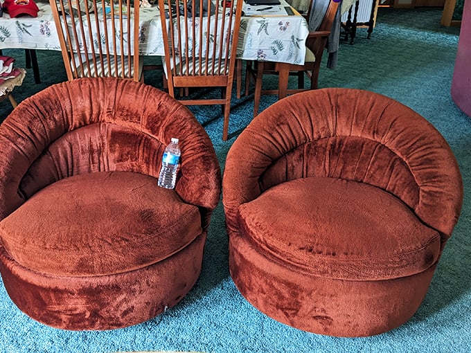 These velvet conversation pods aren't just chairs—they're time machines to an era when conversation pits were the height of sophistication.