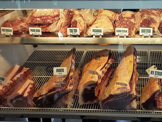 Meat displayed like fine jewelry—ribeyes and strips aging gracefully. This is what dreams look like for serious carnivores.
