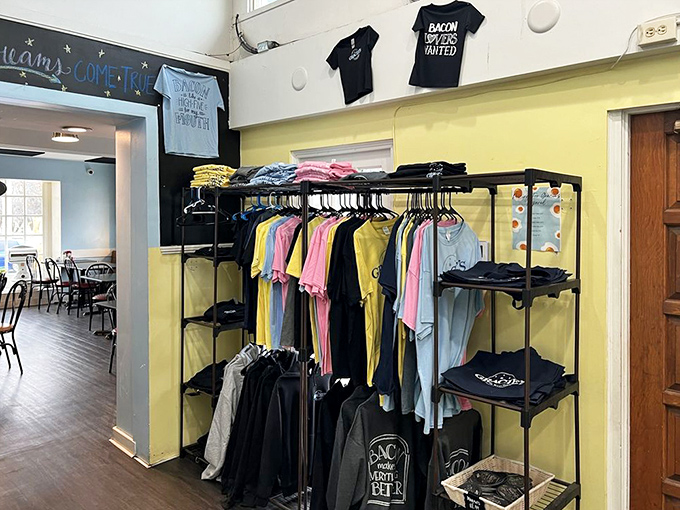 The merch wall proves that bacon worship isn't just a lifestyle—it's fashion statement worthy of wearing proudly across your chest.