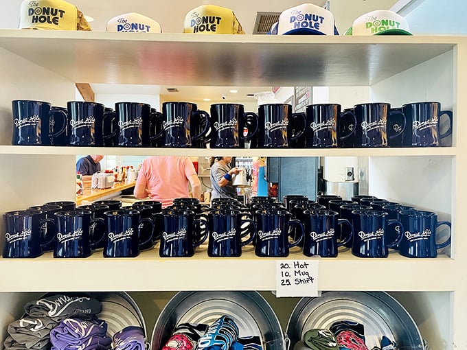 Not just merchandise—these are souvenirs of flavor. That mug collection says "I've found my breakfast happy place" without saying a word.