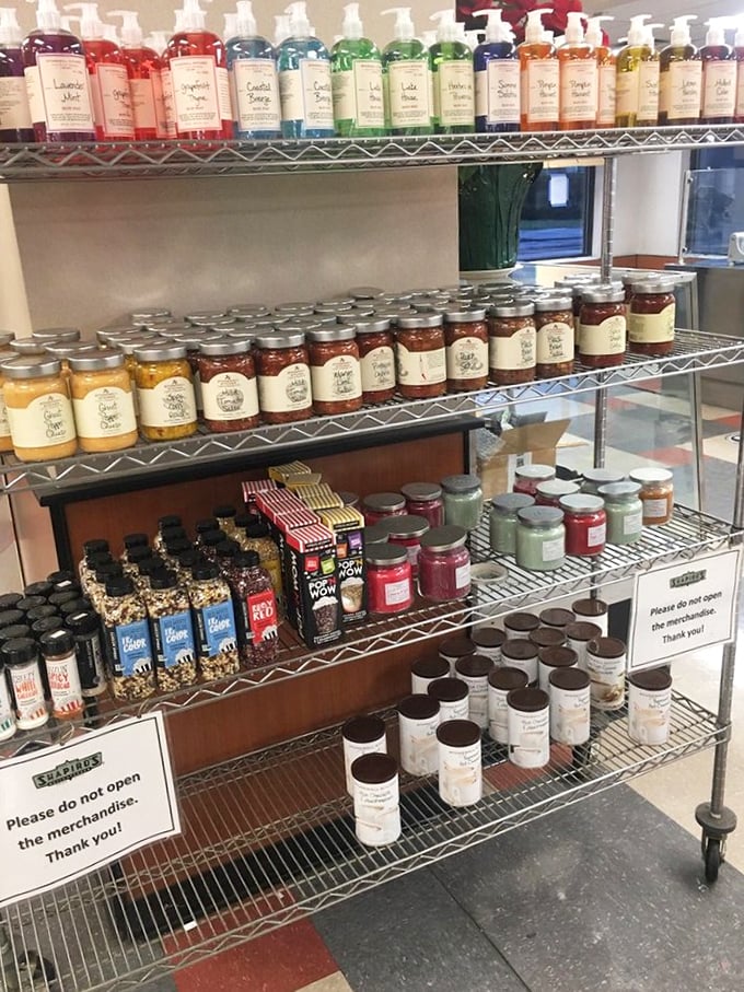 Shelves stocked with take-home treasures. These jars and bottles let you bring a taste of Shapiro's magic into your own kitchen—no cafeteria tray required.