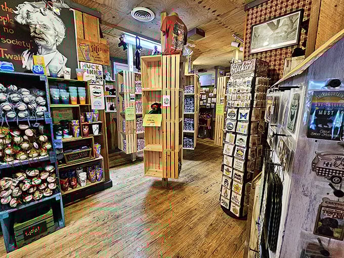 A gift shop that understands souvenirs should remind you of experiences, not just places—Mark Twain would approve of this riverside merchandising.