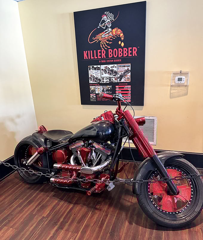 A custom motorcycle adds unexpected rock 'n' roll attitude to the restaurant—proof that seafood joints don't have to be all anchors and fishing nets.
