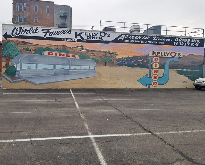 A mural that promises "World Famous" isn't bragging if it's true—Kelly O's street art announces its breakfast prowess to all of Pittsburgh.