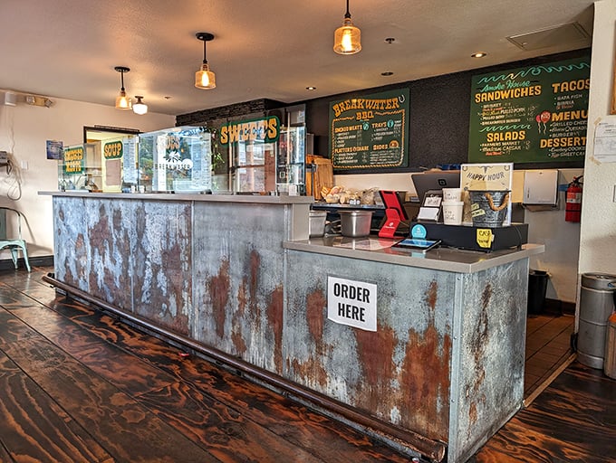 The order counter's weathered metal finish isn't trendy design—it's the patina of a place that's serious about its craft.