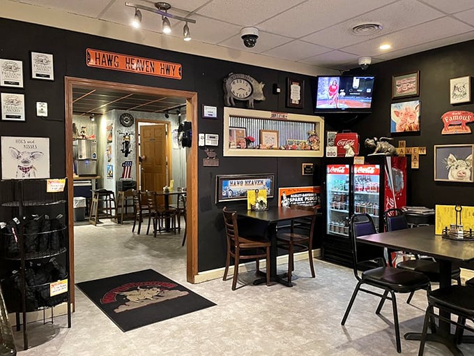 The dining room feels like your coolest uncle's basement—if your uncle happened to be a barbecue savant with excellent taste in neon signs.