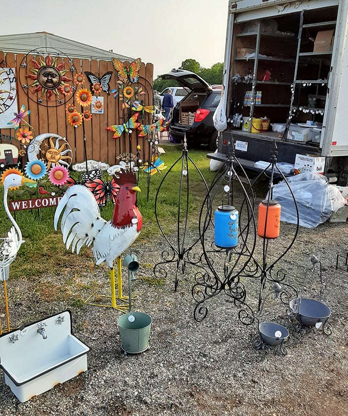 Garden whimsy meets practical decor as metal roosters and recycled treasures wait to bring personality to suburban backyards.