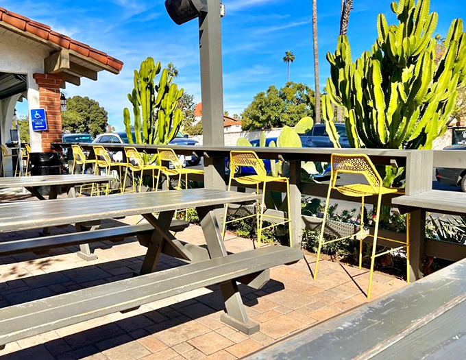 Outdoor dining under California sunshine with cacti standing guard. Nature's dining room for nature's perfect food.