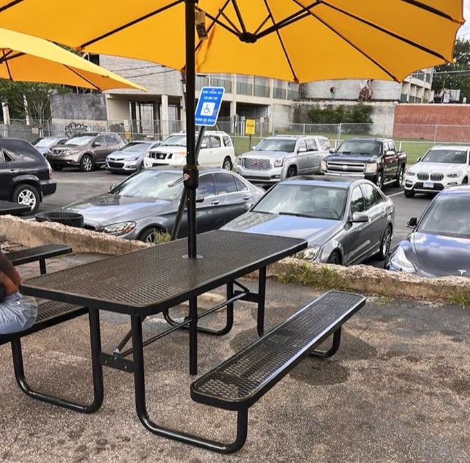 The outdoor seating area isn't fancy, but after that meal, you'll need fresh air and time to contemplate how food this good exists.