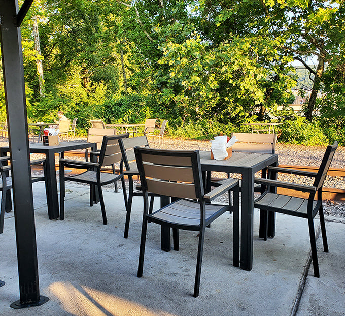 Al fresco dining with a side of serenity. The outdoor seating area offers a peaceful retreat where food and nature harmonize perfectly.