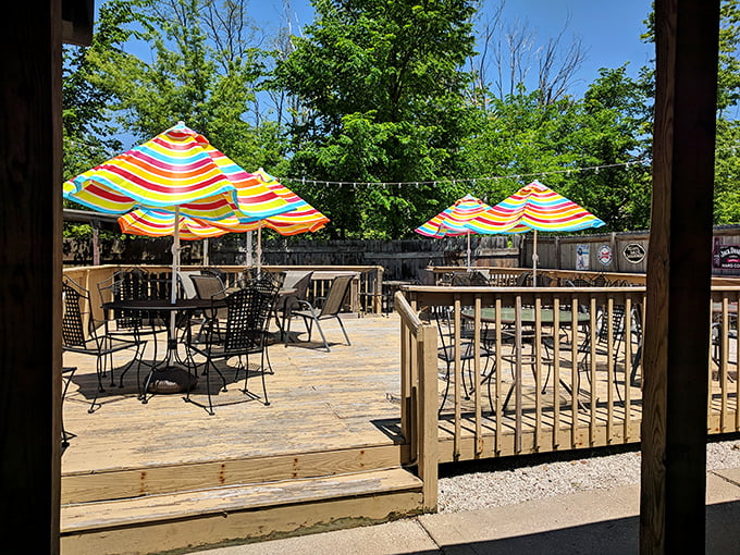 The outdoor deck offers a different kind of dining room—one with fresh air, colorful umbrellas, and the kind of casual vibe that makes food taste even better.