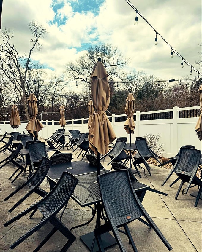 When Pennsylvania weather cooperates, this outdoor seating area transforms into the neighborhood's most coveted dining spot—string lights included, memories guaranteed.