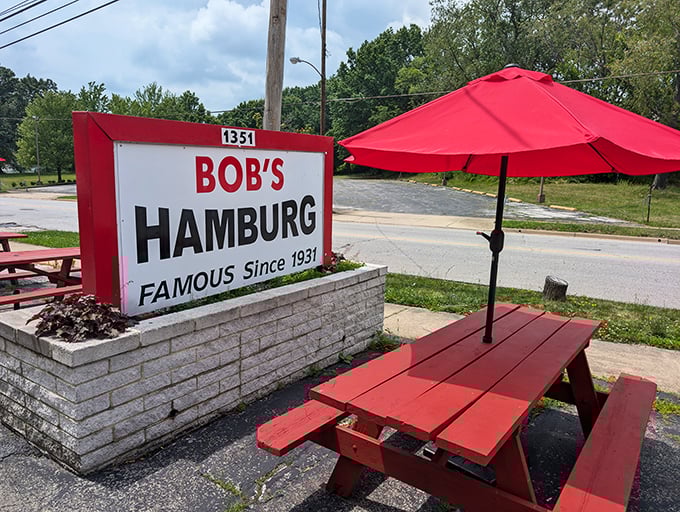That red umbrella isn't just providing shade—it's signaling to burger pilgrims that they've reached the promised land.