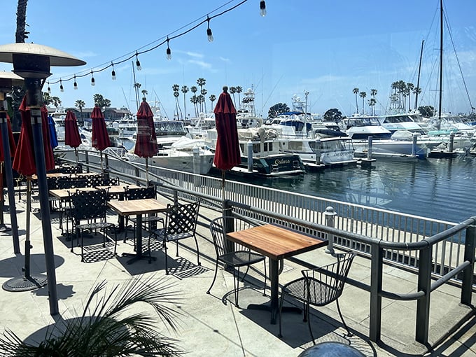 Outdoor seating with a million-dollar view! Those red umbrellas aren't just for shade—they're exclamation points on a perfect marina dining experience.