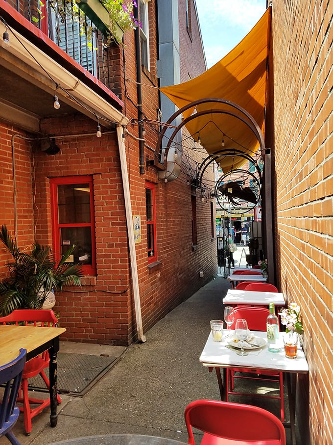 Al fresco dining, Pittsburgh-style. This narrow brick alleyway transforms into a charming outdoor café space where urban dining meets Italian romance.