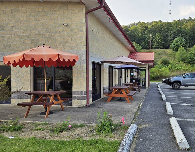 Al fresco dining with a view of Pennsylvania greenery—picnic tables where Eastern European flavors meet American countryside.