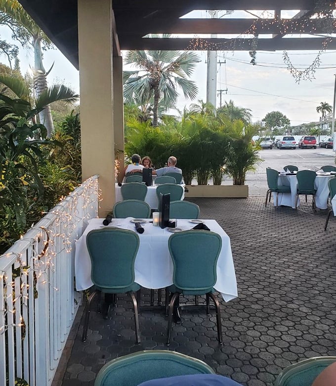 Al fresco dining with palm trees and Florida breezes—because sometimes the best seasoning is fresh air and twilight.